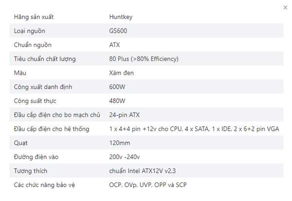 PSU - Nguồn máy tính Huntkey GS600 (600W, công suất thực 480W 80Plus ...