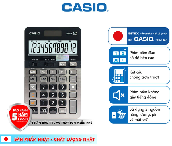 Máy tính Casio JS-20B hiển thị 12 số cao cấp dùng cho kế toán