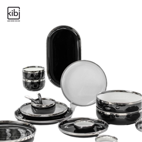 BỘ BÁT ĐĨA ĂN ĐEN VIỀN BẠC 32PCS | KIBI HOME DECOR