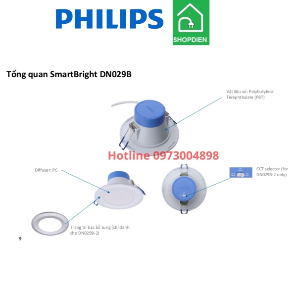 Đèn downlight âm trần 9W D120 DN029B Philips DN029B G2 LED10/CCT PSR-E ...