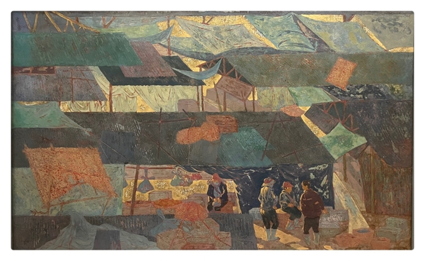 Tranh sơn mài "Đêm dưới chân cầu Long Biên 2" - Họa sĩ Tuấn Iraq