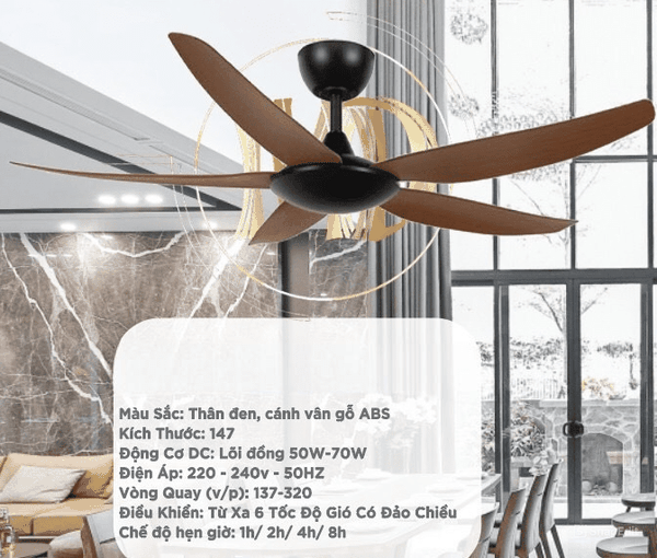 Quạt trần đèn Duc Minh EC.022 màu vân gỗ, thân đen