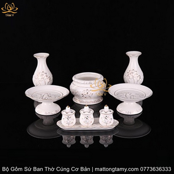Bộ Gốm Sứ Ban Thờ Cúng Cơ Bản: Lư Hương, Bình Hoa, Đĩa Bồng, Chén Nước ...
