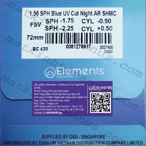 Tròng kính Essilor Elements Blue UV Cut Night AR