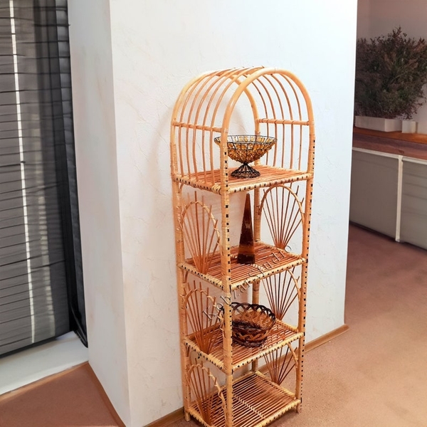 Vintage Rattan Arched Bookcase Wicker Shelf