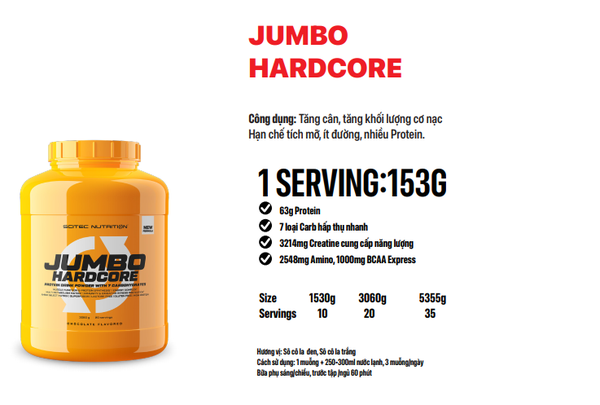 Jumbo Hardcore | Mass Gainer tăng cân, tăng cơ 1530g | Thái Scitec Nutrition