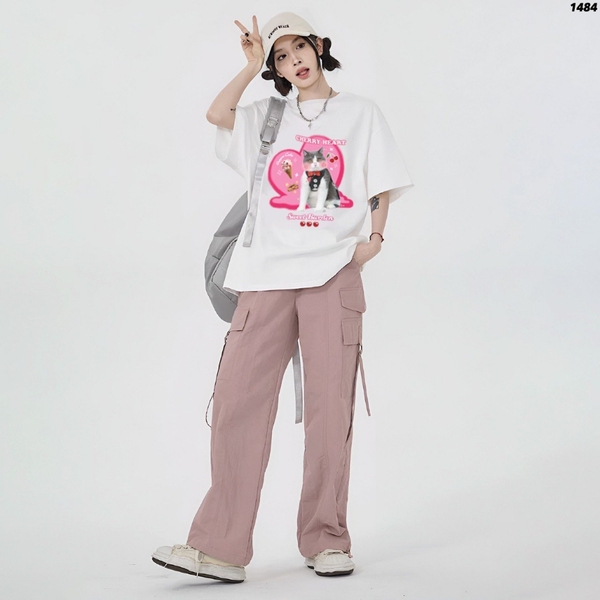 Áo phông tay lỡ HY KOREA Mèo Cherry Heart 1484 form rộng unisex couple ...