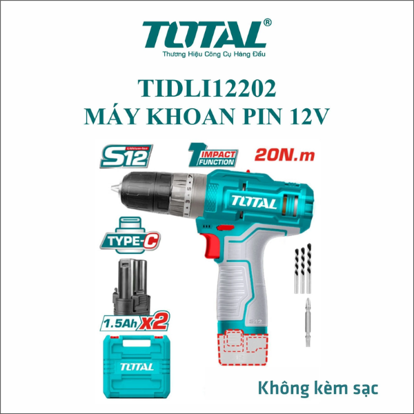 Máy khoan pin 12V có búa lực 20Nm Total TIDLI12202 (2pin 1.5Ah + thùng)