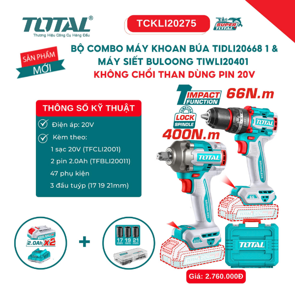 Combo bắn bu lông & máy khoan pin 20V Total TCKLI20275