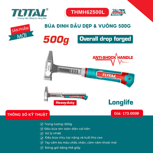 Búa đinh đầu dẹp và vuông 500g Total THMH62500L