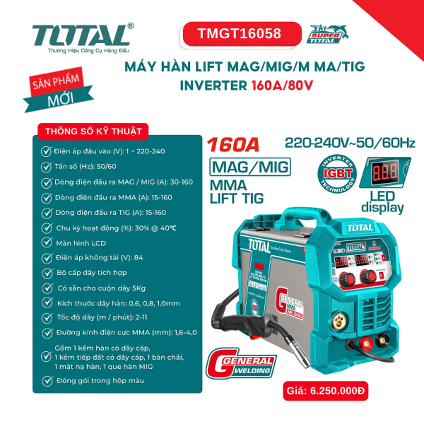 Máy hàn lift MAG/MIG/M MA/ TIG Inverter 160A/80V Total TMGT16058