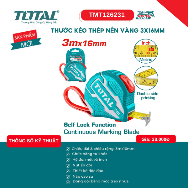 Thước kéo 3M thép nền vàng hệ mét & inch Total TMT126231