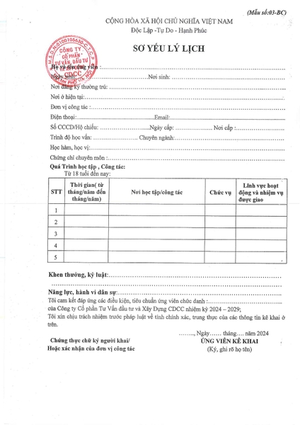 MẪU SƠ YẾU LÝ LỊCH