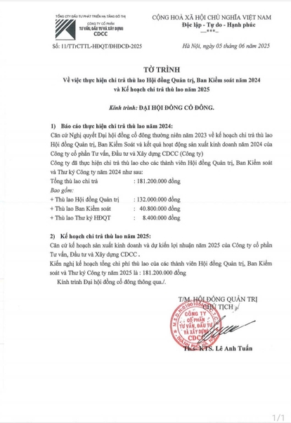TỜ TRÌNH VỀ CHI TRẢ THÙ LAO HĐQT, BKS NĂM 2024 VÀ KẾ HOẠCH NĂM 2025