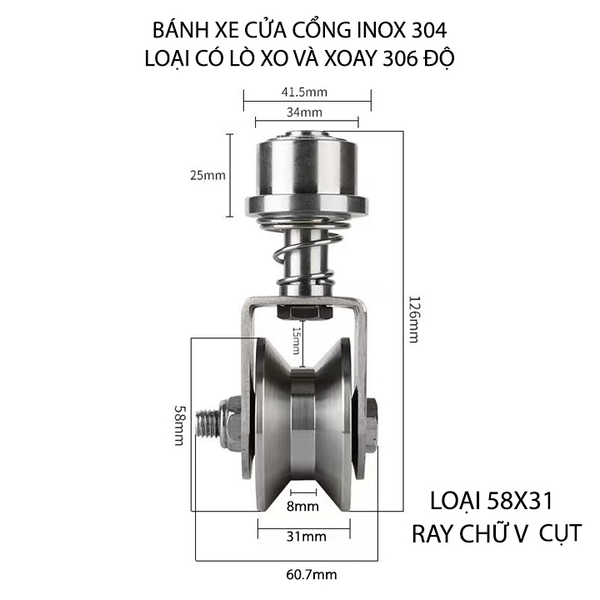 Bộ bánh xe cho cửa cổng trượt, cửa lùa bằng inox 304, loại có lò xo và xoay 360 độ, Kích thước ...