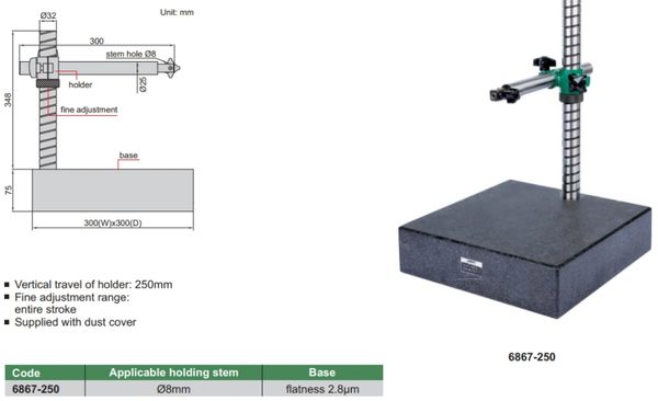 Đế Granite gá đồng hồ so Insize 6867-250 (300x300x75mm) - Etech