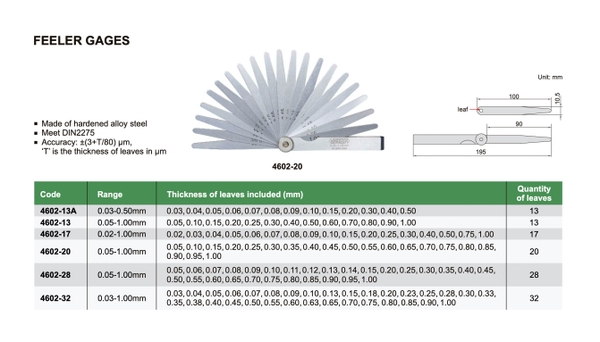 Căn lá INSIZE 4602-32 (0.03-1.00 mm) - CÔNG TY CPĐT PTCN ETECH - Etech