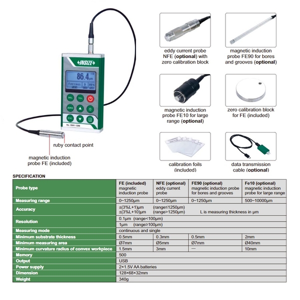 Máy đo chiều dày lớp sơn, phủ, mạ INSIZE 9501-1200 (0-1250µm, đầu đo từ ...