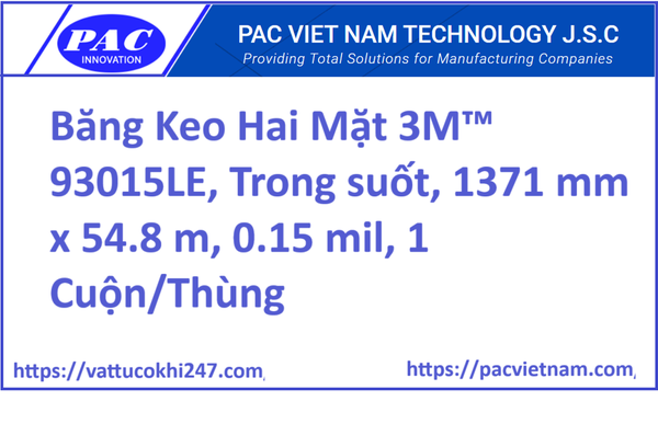 Băng Keo Hai Mặt 3M™ 93015LE, Trong suốt, 1371 mm x 54.8 m, 0.15 mil ...