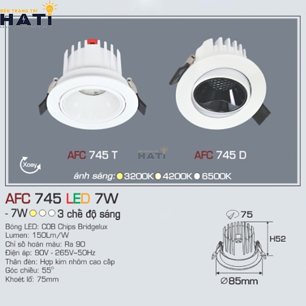 Đèn âm trần Anfaco AFC 745 màu trắng - đen 7w - 12w