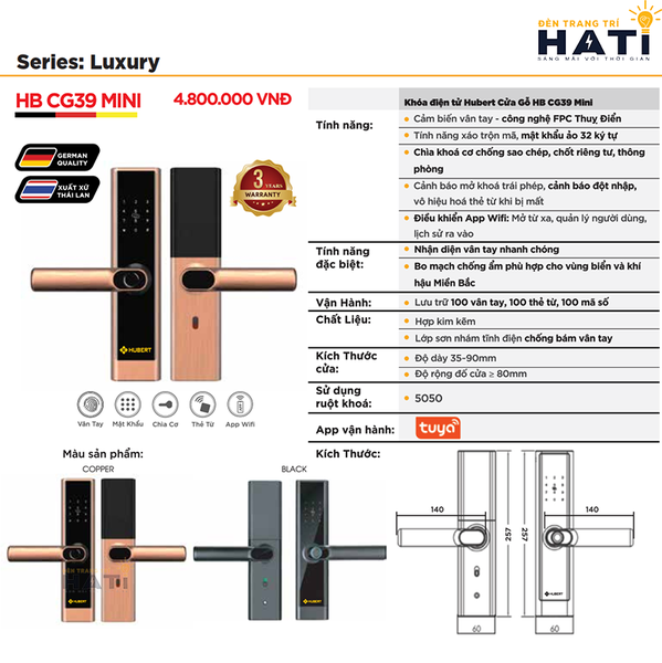 Khóa vân tay Hubert cửa gỗ CG39 Mini