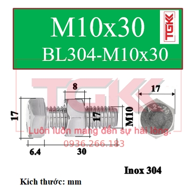 Bu lông inox 304-M10x30+E Siêu thị ốc vít
