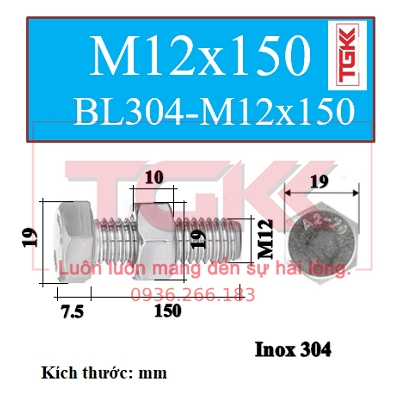 Bu lông inox 304-M12x150+E Siêu thị ốc vít