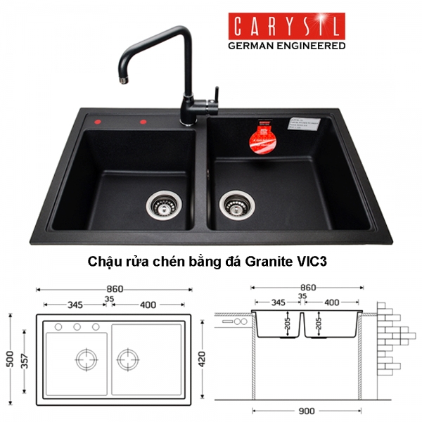 Bồn rửa bằng đá nhân tạo Vivaldi N200 VIC3-03/Nera Đen | Home Best Nhà ...