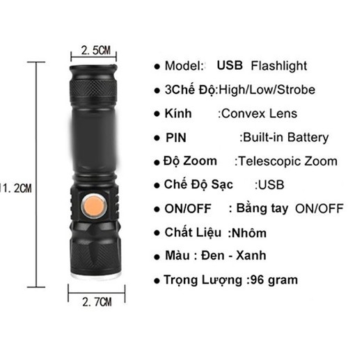 Đèn pin LED bỏ túi cổng sạc USB