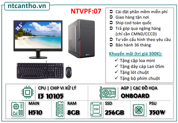 Mainboard H610 | Cpu I3 12100 | Ram4 8G | Ssd 256G | Case VP | PSU 350w | Màn hình 19.5";BH: 36T