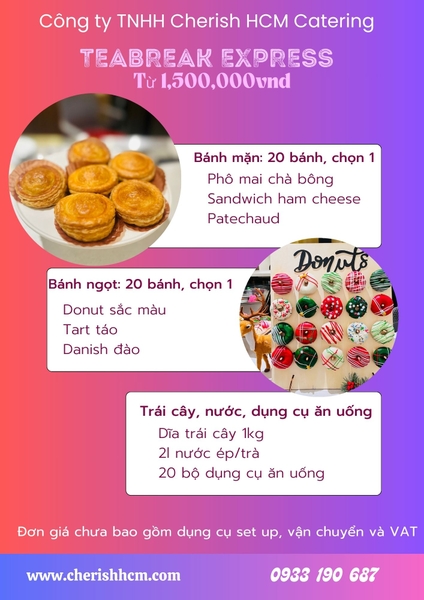 Teabreak Express- 20 bánh mặn, 20 bánh ngọt, trái cây, nước