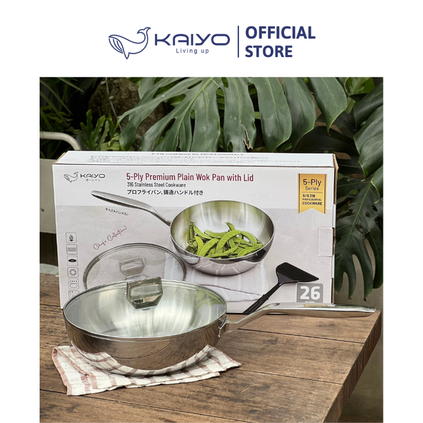 Chảo inox 316 liền khối 5-ply Premium Kaiyo-sâu lòng có vung kính 26cm ...