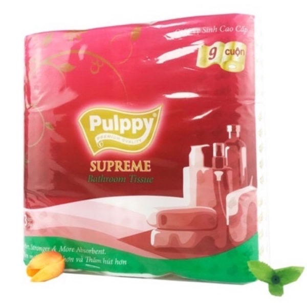 Giấy vệ sinh Pulppy Supreme 9 cuộn/xách 3 lớp cao cấp, 100% làm từ bột giấy