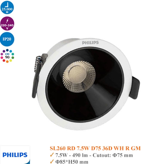 Đèn Spotlight Âm Trần Philips SL260 RD 7.5W D75 36D WH R GM