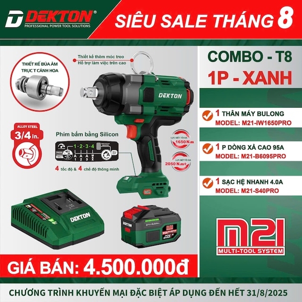 COMBO Máy siết bulong đầu 3/4 inch 1650Nm dùng pin phổ thông Dekton M21 ...