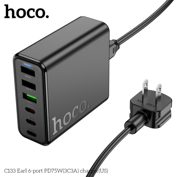 [SE210] HOCO C133 CỐC 3A+3C 75W(PD/QC/FCP/AFC) DÂY AC DÀI 1.5M