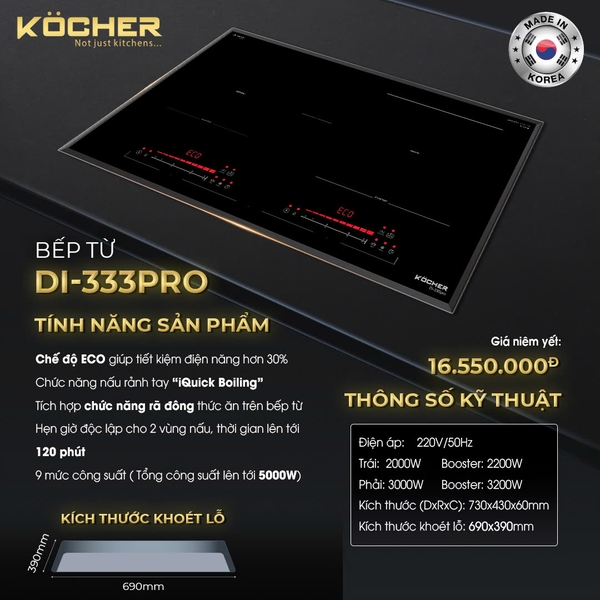 Bếp 2 từ Kocher DI 333 Pro Tặng máy hút mùi 350D