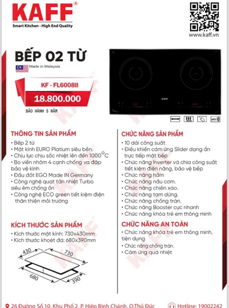 Bếp từ đôi Kaff KF FL6008ii | Mâm E.G.O đức | Bảo hành 5 năm | Nhập khẩu Malaysia
