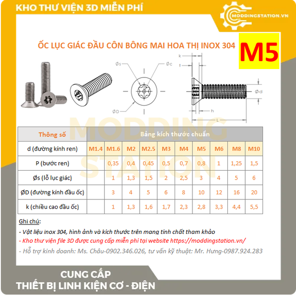 Ốc Lục giác đầu côn bông mai hoa thị size M5x12 | Modding Station