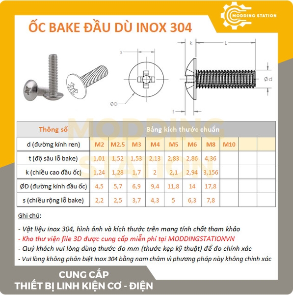 Ốc Bake đầu dù inox 304 size M3x4 | Modding Station