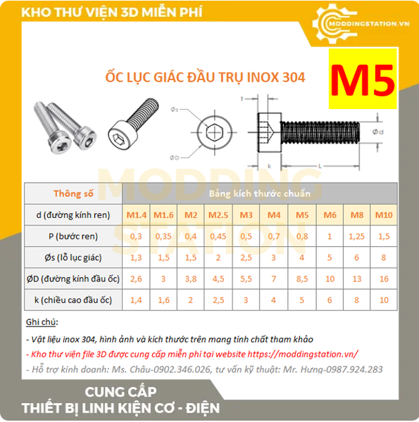Ốc Lục giác đầu côn inox 304 size M5x50 | Modding Station