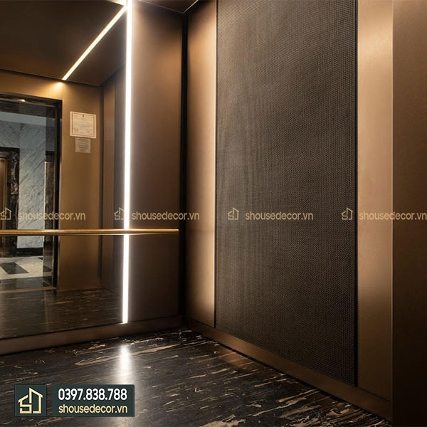 Ốp Inox Cabin Thang Máy Inox Vàng Đồng Kết Hợp Giấy - Mẫu OCTM11