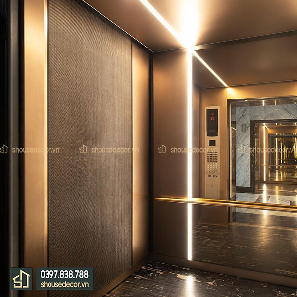 Ốp Inox Cabin Thang Máy Inox Vàng Đồng Kết Hợp Giấy - Mẫu OCTM11