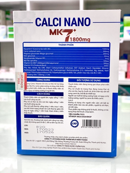 Viên uống Canxi hữu cơ CALCI NANO MK7 1800mg Bổ Sung Caxi Từ Tảo Biển Đỏ