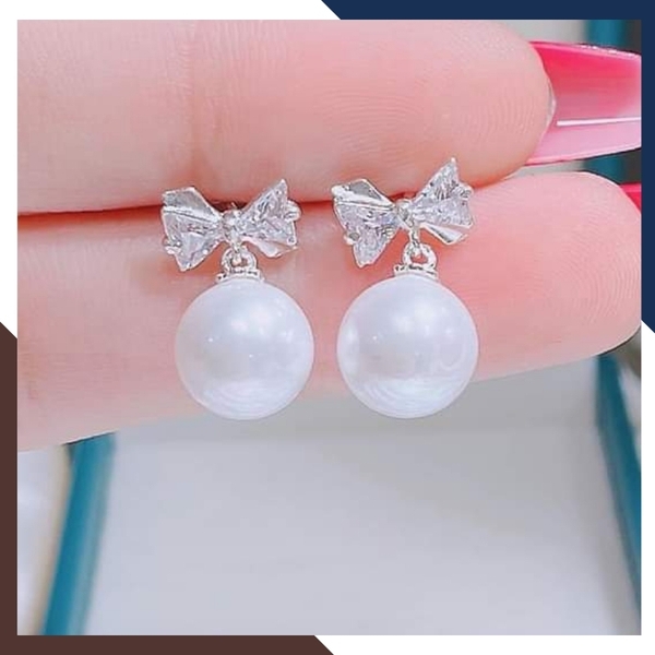 Bông tai ngọc trai thật dáng tòn ten hình nơ bạc đính đá đẹp cho nữ mã ...