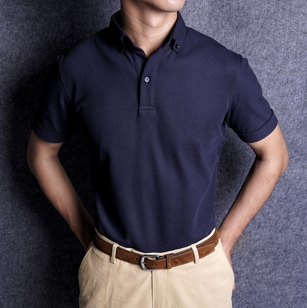 Navy Button Down Polo Cotton Nano Zicnor