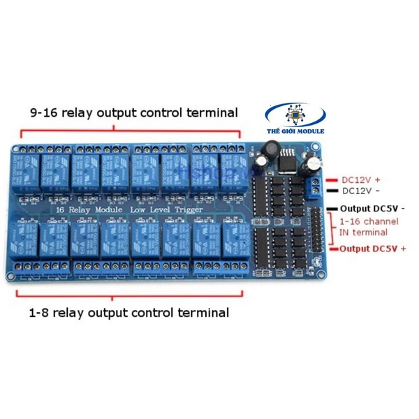 Mạch 16 Relay Opto Cách Ly 12VDC | Thế Giới Module