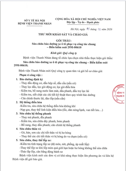 Thư mời khảo sát và chào giá gói thầu: Sửa chữa bảo dưỡng xe ô tô phục ...
