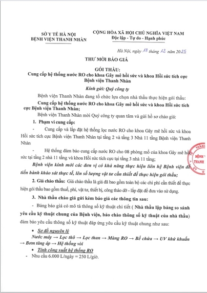 Thư mời báo giá gói thầu: Cung cấp hệ thống nước RO cho khoa Gây mê hồ ...