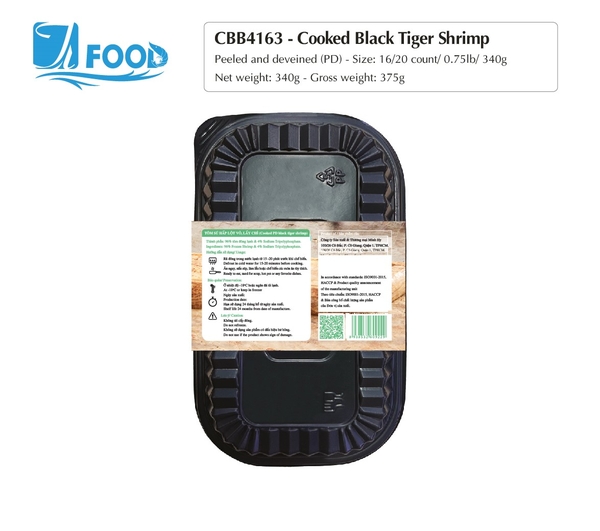 Tôm sú hấp xuất khẩu, lột vỏ lấy chỉ Size 16/20, NW 340g (Khay)